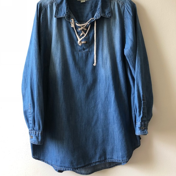 Ruff Hewn | Tops | Ruff Hewn Lace Up Neck Chambray Tunic | Poshmark